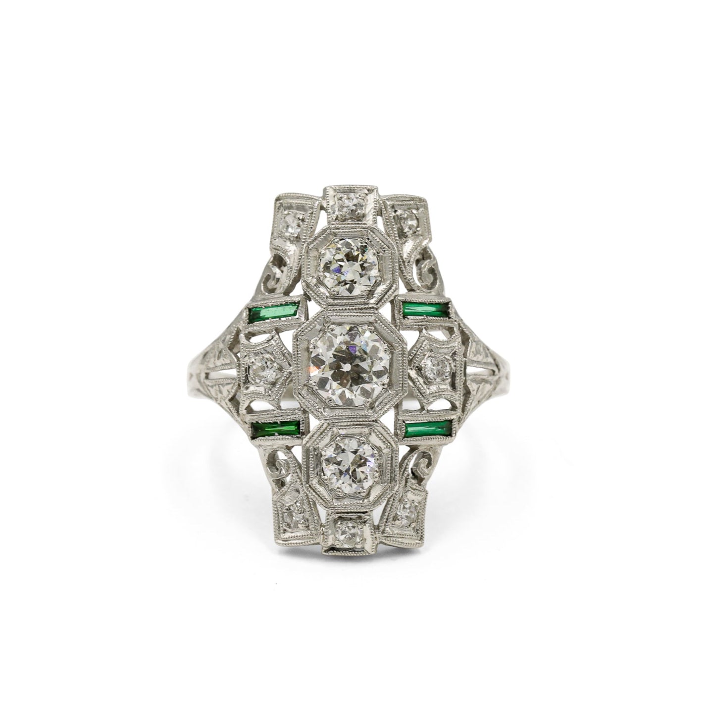 Platinum .65ct Vintage Diamond & .15ctw Emerald Shield Ring